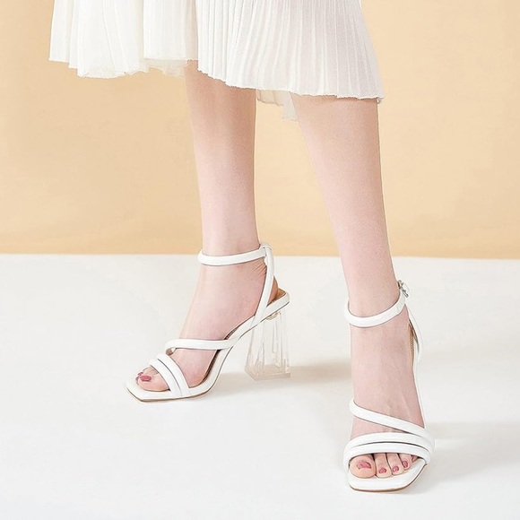 Shoes | White Strappy Heels With Clear Block Heels | Poshmark